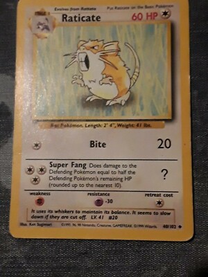 Raticate 40/102 1st Edition Shadowless Base Set Pokemon Card ~ Played ...