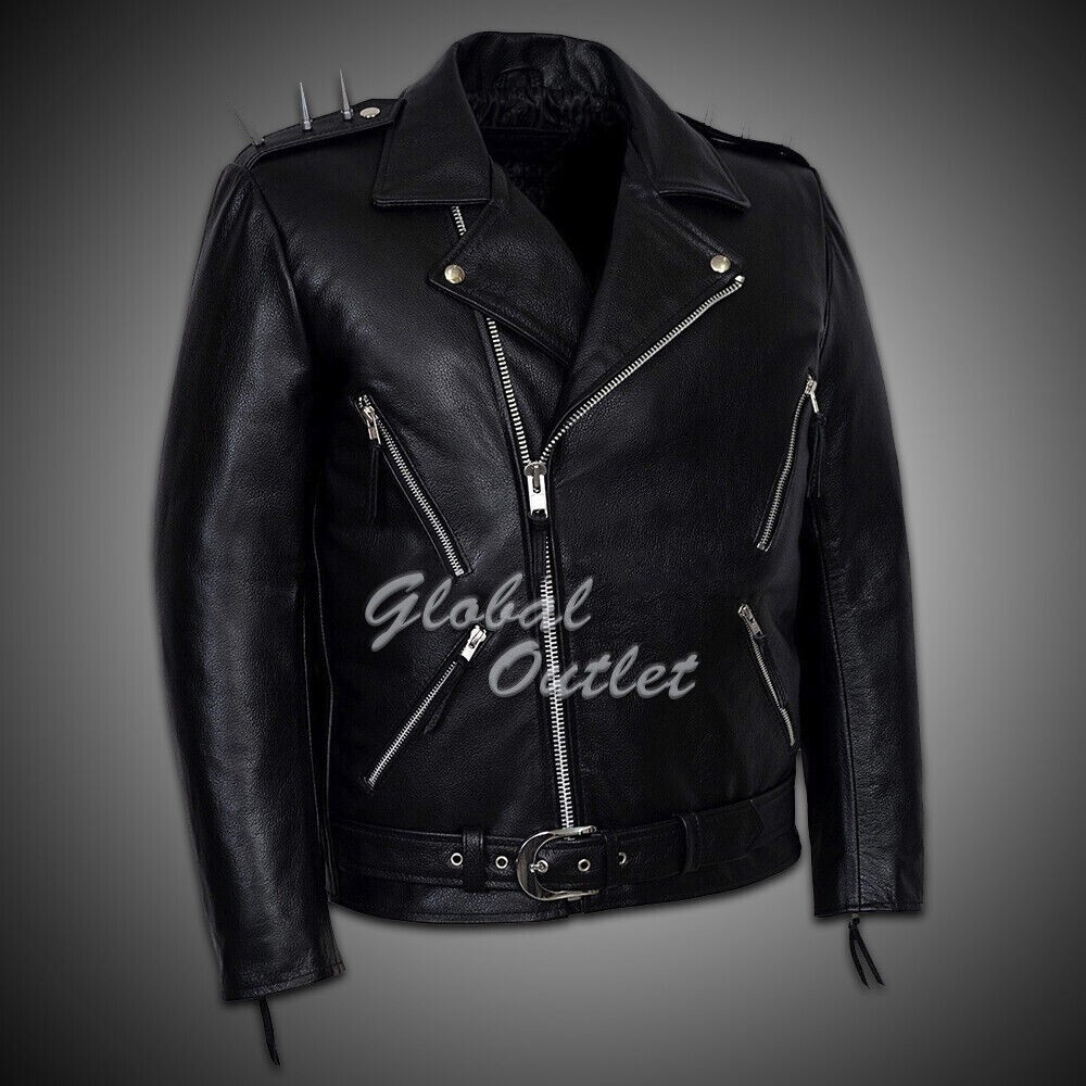 Men’s Rocker Style Black Leather Jacket with Metal Spikes Jacket | eBay