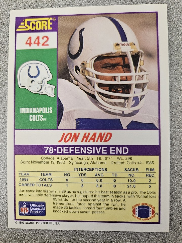 1990 Score Jon Hand #442 Indianapolis Colts | eBay