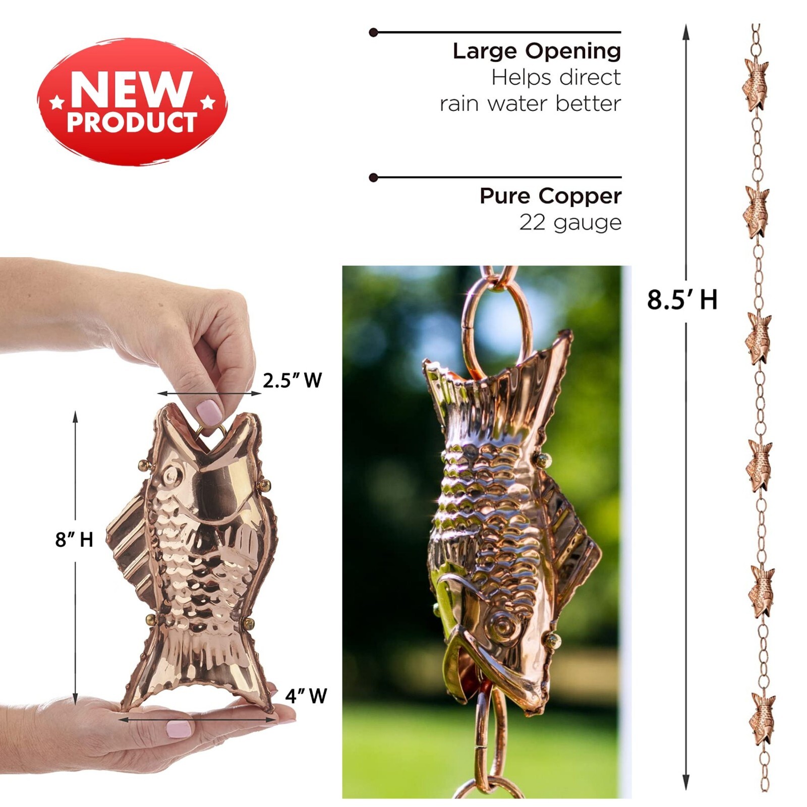 8.5' Polished Copper Big Fish Rain Chain for Gutter Downspout Patio ...