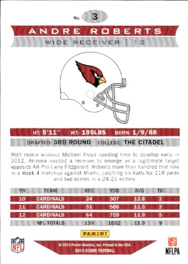 2013 Score #3 Andre Roberts Arizona Cardinals | eBay