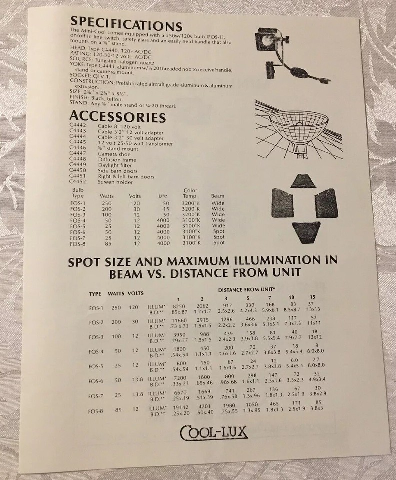 Cool-Lux Mini Cool 250W Light with AC Plug Video Camera Light Brochure ...