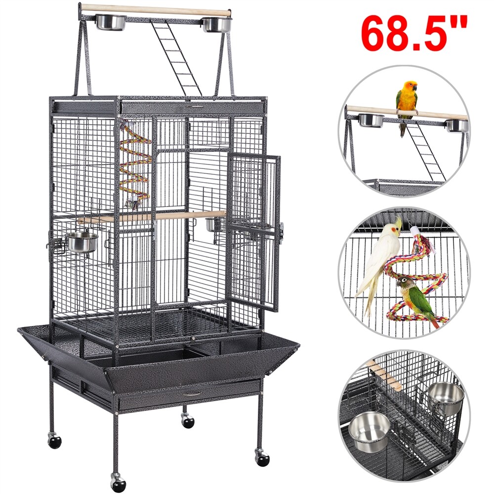 68/61-Inch Large Parrot Bird Cage With Playtop/Rolling Stand/Bungee ...