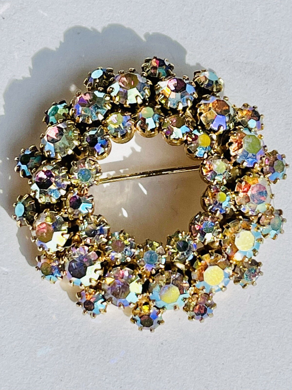 Vintage Unsigned Weiss Brooch AB Rhinestones Triple Layer Wreath Lovely ...