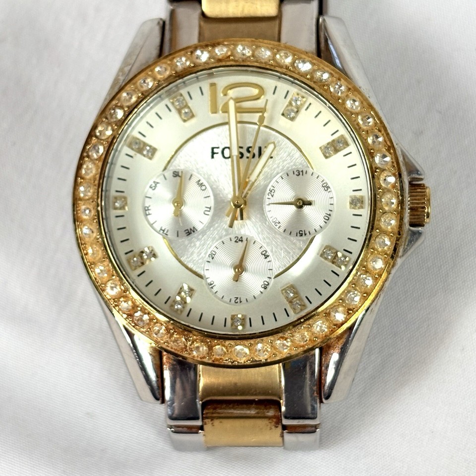 Fossil Riley Ladies Watch 2-Tone Rhinestones Crystal Day Date ES3204 ...