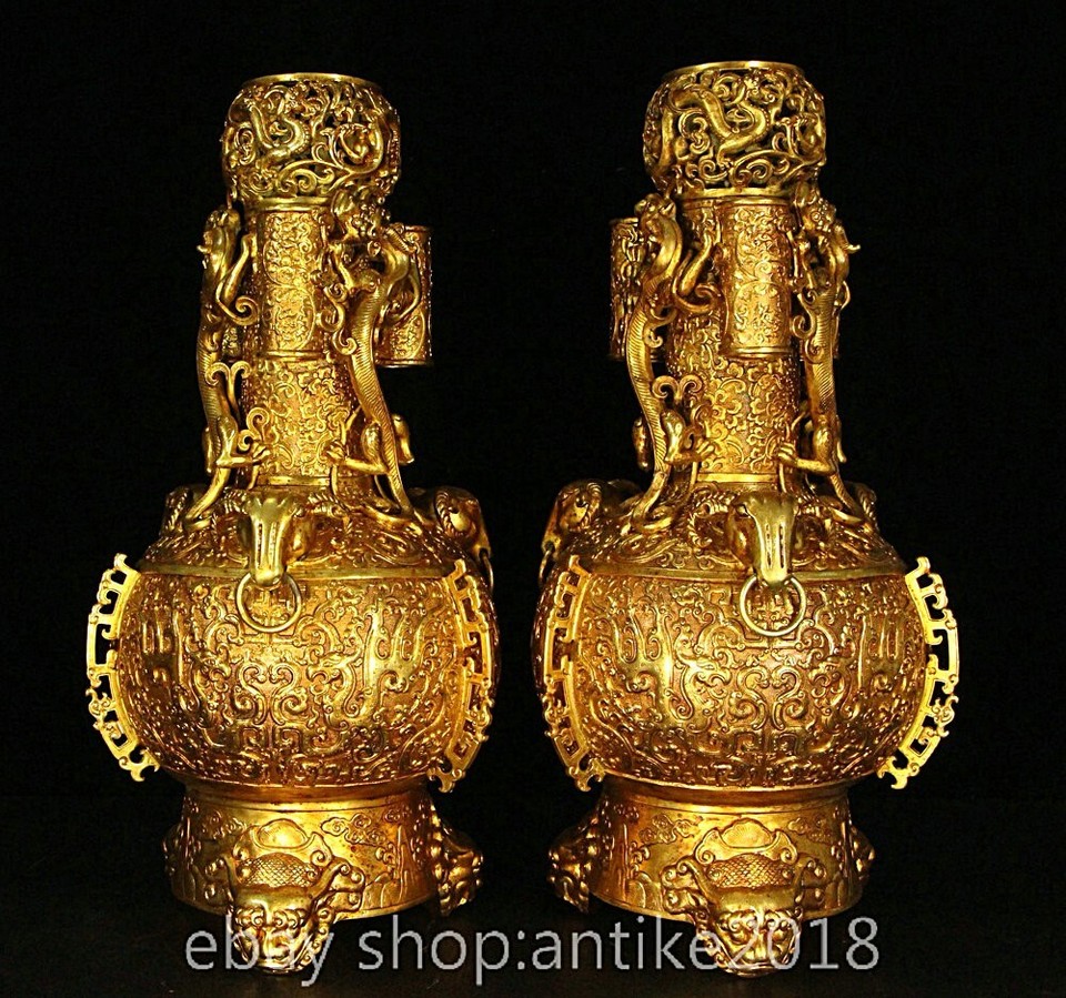 18.8" Old Chinese Copper 24K Gold Gilt 3 Sheep Head Dragon Bottle Vase ...