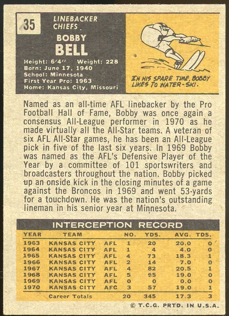 Bobby Bell Signed 1971 Topps #35 Kansas City Chiefs Autographed Card ...