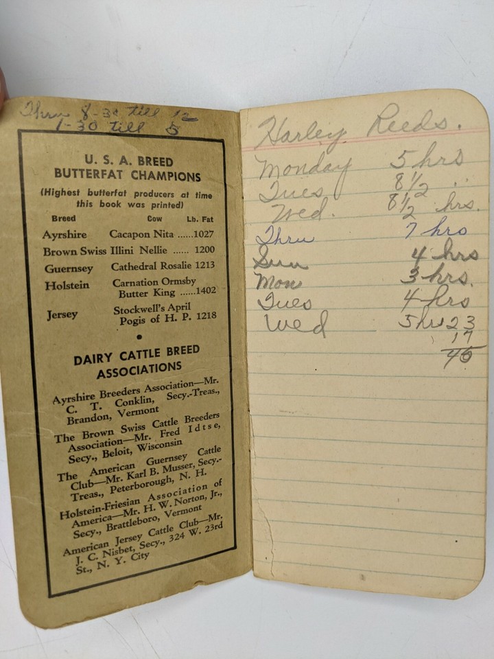 c1940s Hoard's Dairyman Fort Atkinson WI Farm Labor Ledger Harley Reed ...