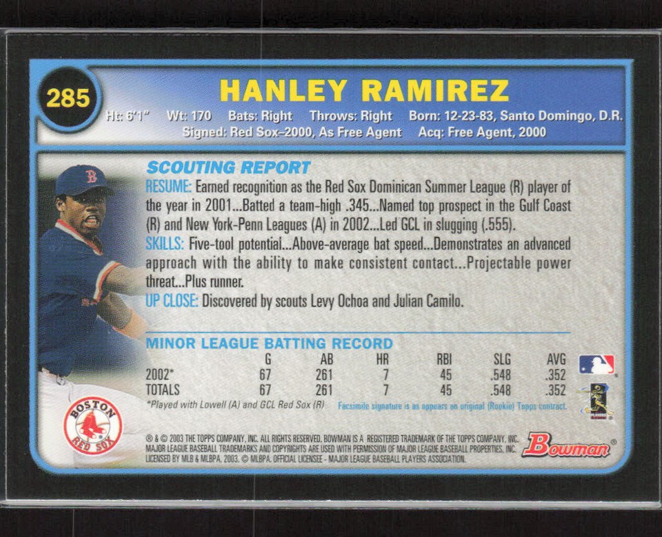 2003 Bowman #285 Hanley Ramirez Boston Red Sox Rookie | eBay