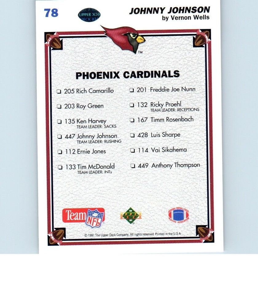 Johnny Johnson 78 Cardinals 1991 Upper Deck NFL Football Trading Card ...