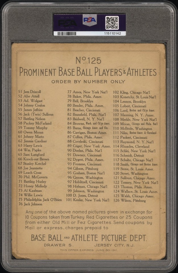 1911 TURKEY RED CABINETS T3 & T9 CHECKLIST BACK ED WALSH PSA AUTHENTIC ...