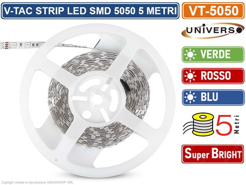 V-TAC VT-5050-60 STRISCIA LED FLESSIBILE 55W SMD 60 LED/METRO 12V 5 ...