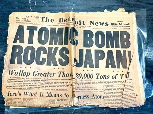 Original Detroit News Newspaper: Atomic Bomb Rocks Japan, Aug 6, 1945 ...