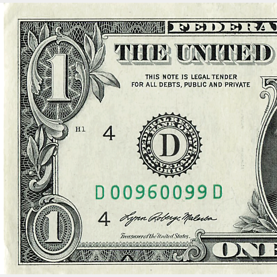 True Flipper Fancy Serial Number 1 Dollar Bill D00960099D | eBay