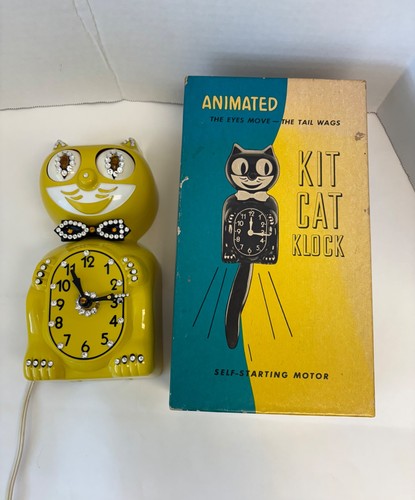 Restored Yellow jeweled vintage electric kit cat clock D8 with box! | eBay
