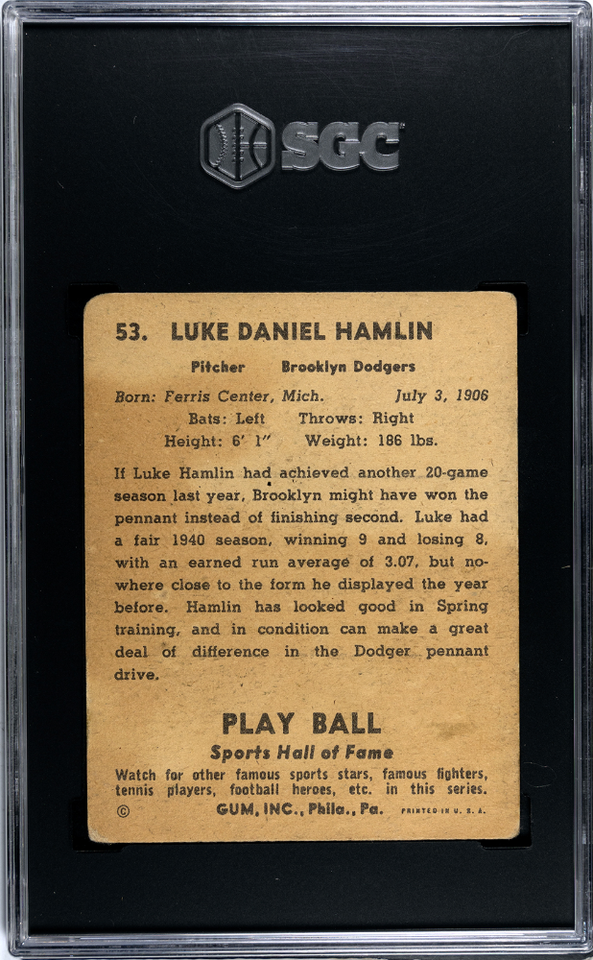 1941 Playball Luke Hamlin #53 SGC 2 | eBay