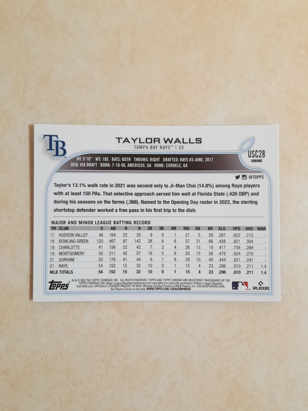 Taylor Walls: Rays (Purple Refractor) 2022 Topps Chrome #USC28 MLB Card ...