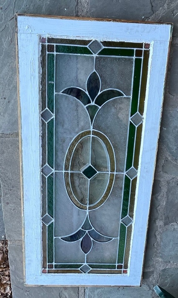 ANTIQUE STAINED LEADED GLASS WINDOW BEVELED/CUT GLASS ACCENTS COAL MINE ...