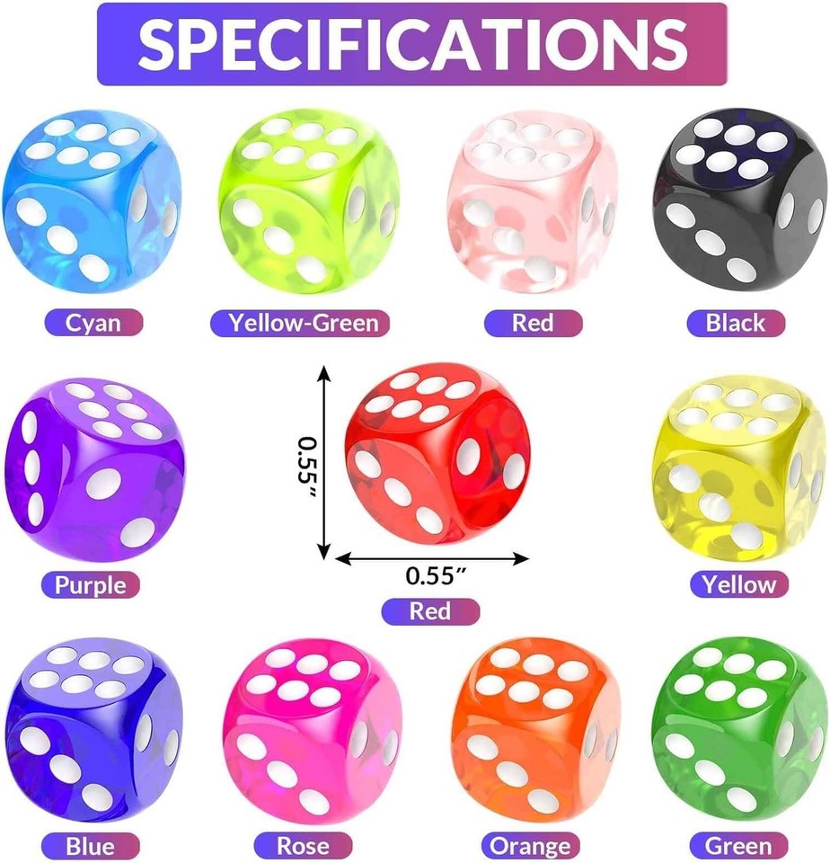 110Pcs Colored Dice Set Translucent 6-Sided Dice for Board Games ...