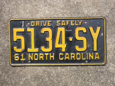 1961 North Carolina License Plate Drive Safely 5134 SY NC Chevy Ford ...