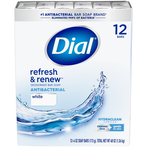 Dial Antibacterial Bar Soap, Refresh & Renew, White, 4 oz, 12 Bars,Free ...