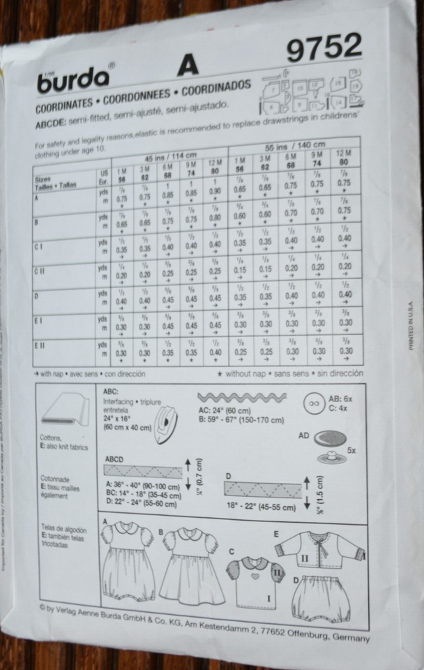 BURDA 9752 PATTERN 5 INTERCHANGEABLE OUTFIT PIECES GIRLS INFANTS Sz 1M ...