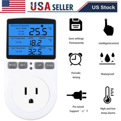 Digital Thermostat Heating Cooling Temperature Controller Outlet Plug w ...