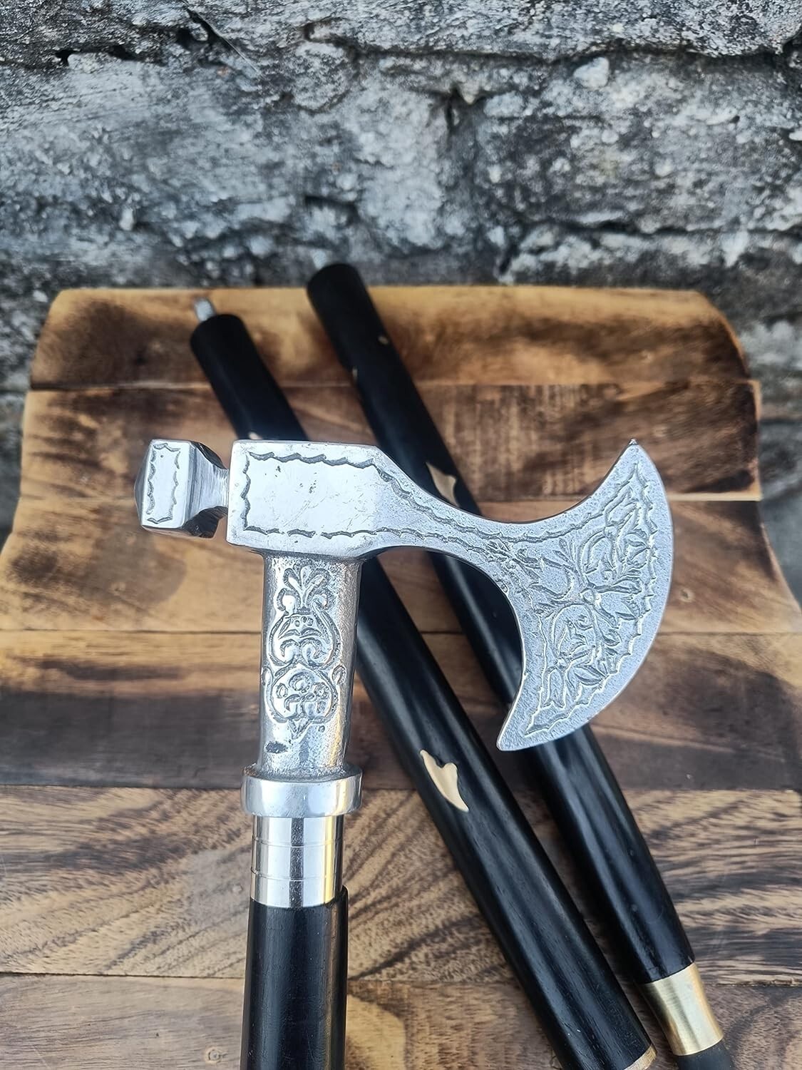 Chrome Finish Metal Axe Head Handle Black Wooden Walk… - Gem
