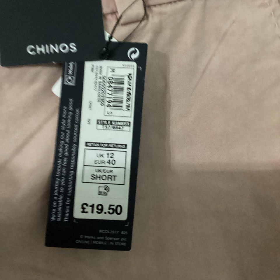 LADIES MARKS AND SPENCER PINK 5 POCKET COTTON RICH CHINOS SIZE 12 Short ...