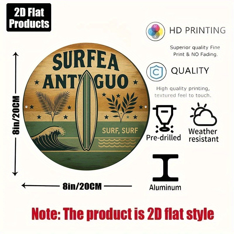 Tin Metal Signs Home Décor 8x8-Inch Round Surf-Themed Vintage Surfboard ...