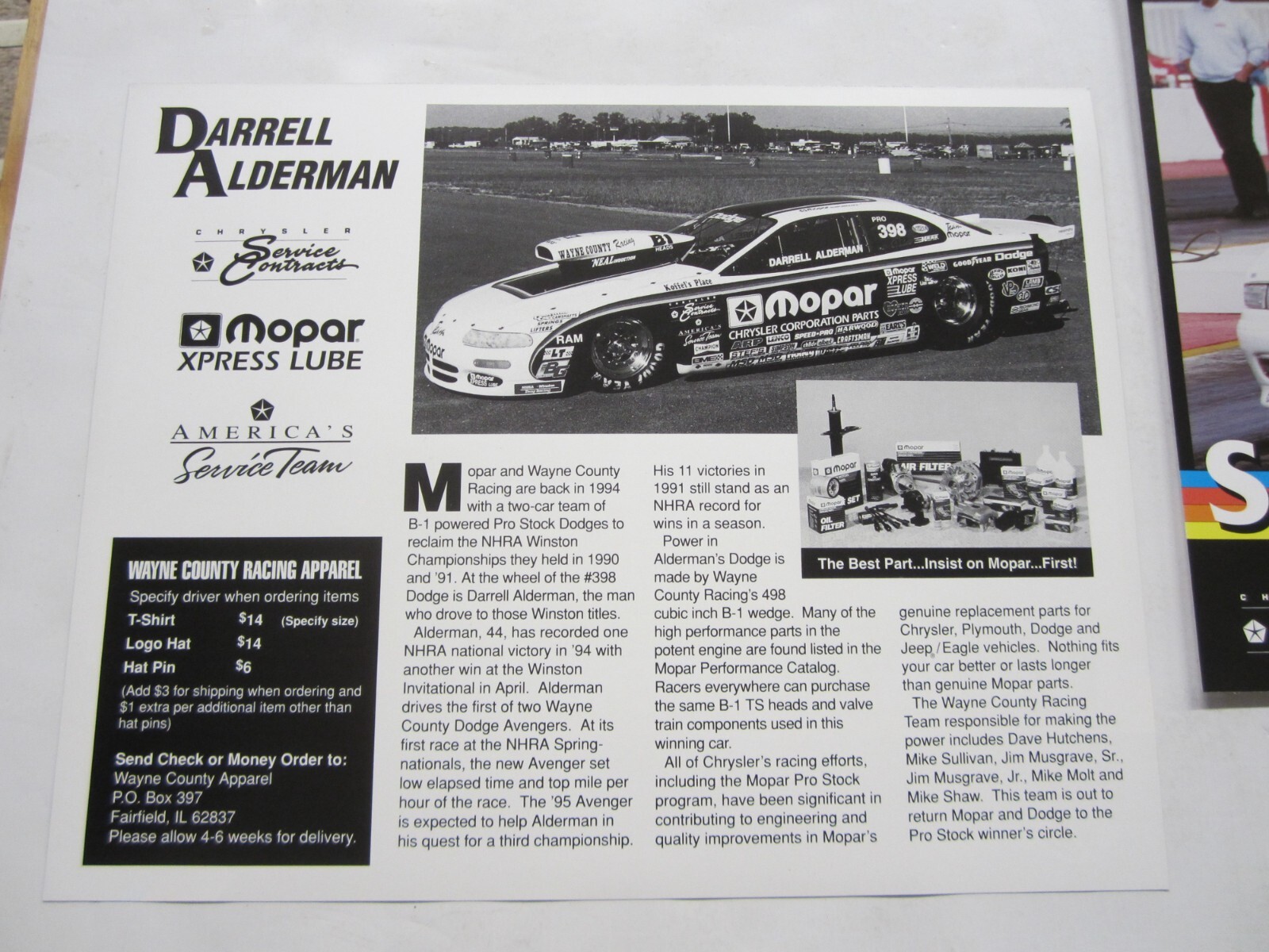 NHRA 94 Darrell Alderman & Scott Geoff Team MOPAR Pro Stock Drag Racing ...