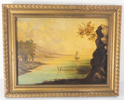 Antique Folk Art Americana Landscape River Scene Oil on Cardboard | eBay