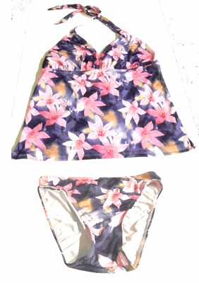 Fresh Peaches Dusky Blue & Pink Floral Halter Tankini Swimsuit Size L ...