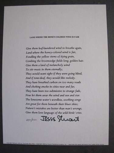 BROADSIDE / PRINT: JESSE STUART "HONEY COLORED WIND IS FAIR" SIGNED ...