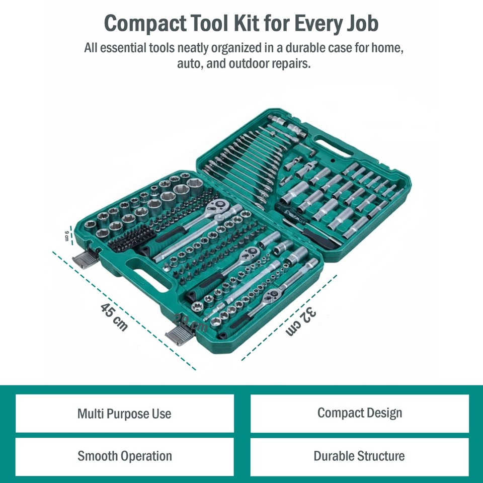 216PCS Socket & Ratchet Wrench Set CR-V Steel 1/4" 3/8" 1/2" Drive Tool ...