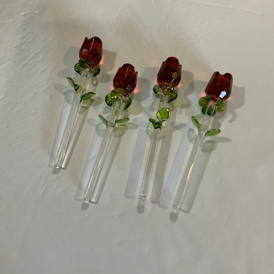 Cocktail Stir Swizzle Stick Red Rose Green Glass Set 4 Barware 5 in ...