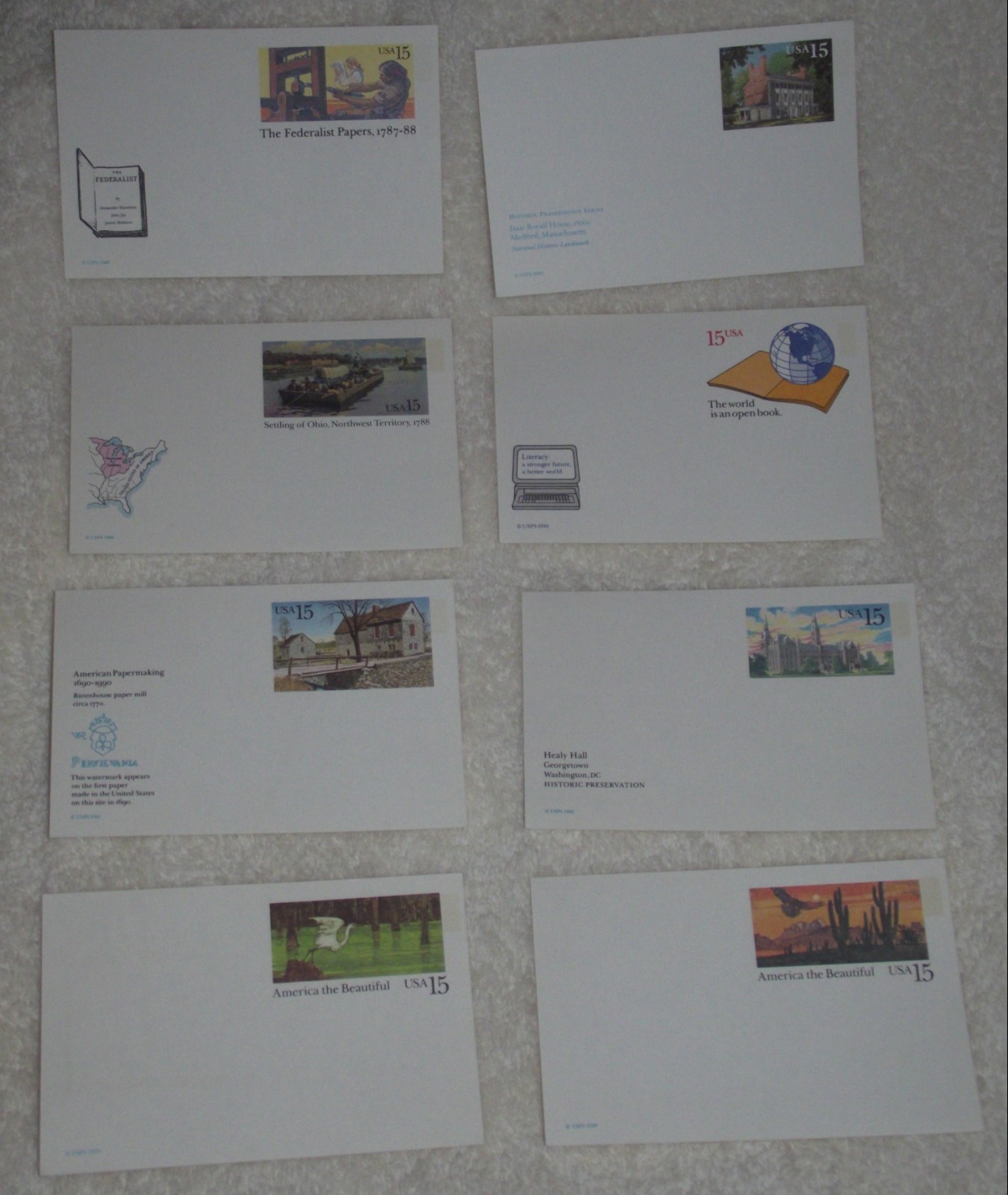 Lot of 8 Commemorative USPS 1988-91 Government 15 Cent Pre-Stamped ...
