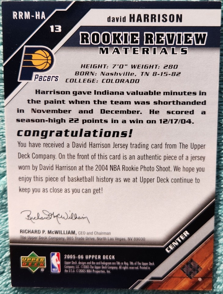 David Harrison Pacers 2005 Upper Deck Rookie Review Player Worn Jersey ...