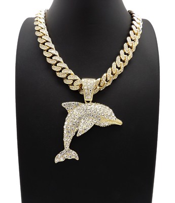HIP HOP FULL ICED YOUNG DOLPH DOLPHIN PENDANT 24" ICE CUBAN CHAIN GOLD ...