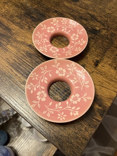 SET/2 Vintage Ceramic Bobeche Candle Wax Collar Drip Plate Pink Color w ...