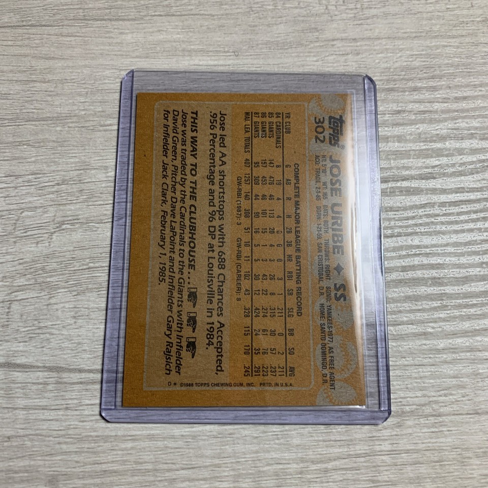 Jose Uribe 1988 Topps Baseball Error Card Alignment Error logo misprint ...