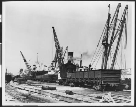 Railroad flat cars at harbor loading dock 1930 detail 1 California Old ...