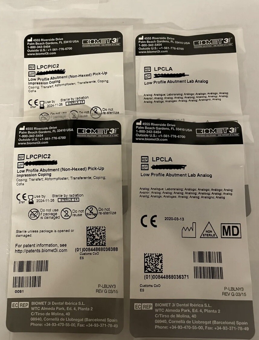 4 Pc Biomet 3i Low Profile Abutment Pick-Up Impression Coping W/ 5 Pc ...