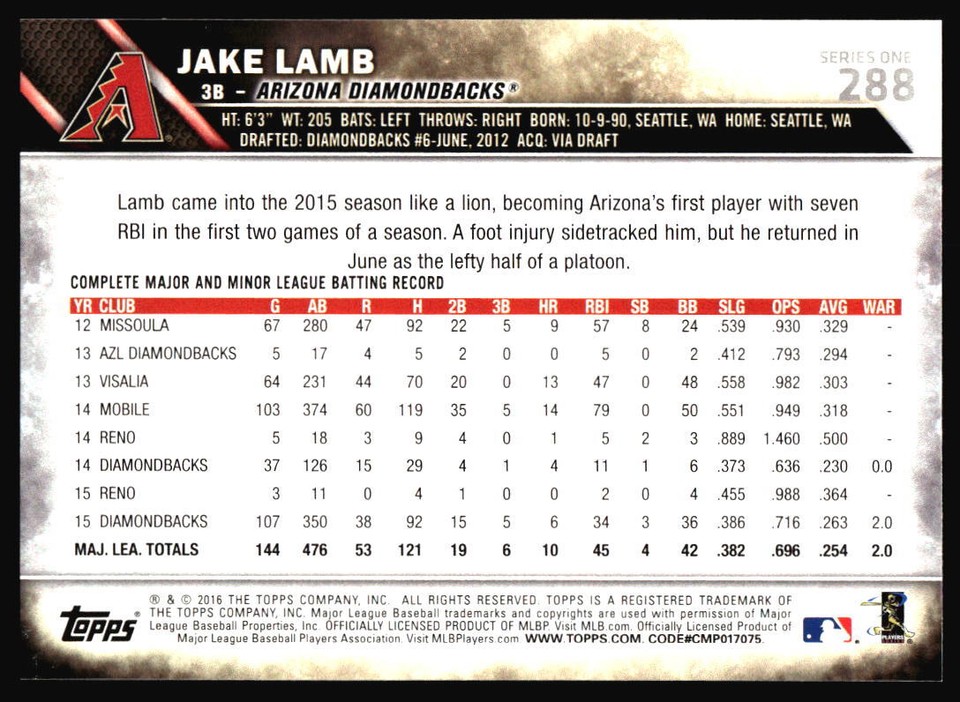2016 Topps Jake Lamb #288 Arizona Diamondbacks | eBay