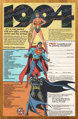 1994 DC Comics Subscription Print Ad/Poster Superman Batman Wonder ...