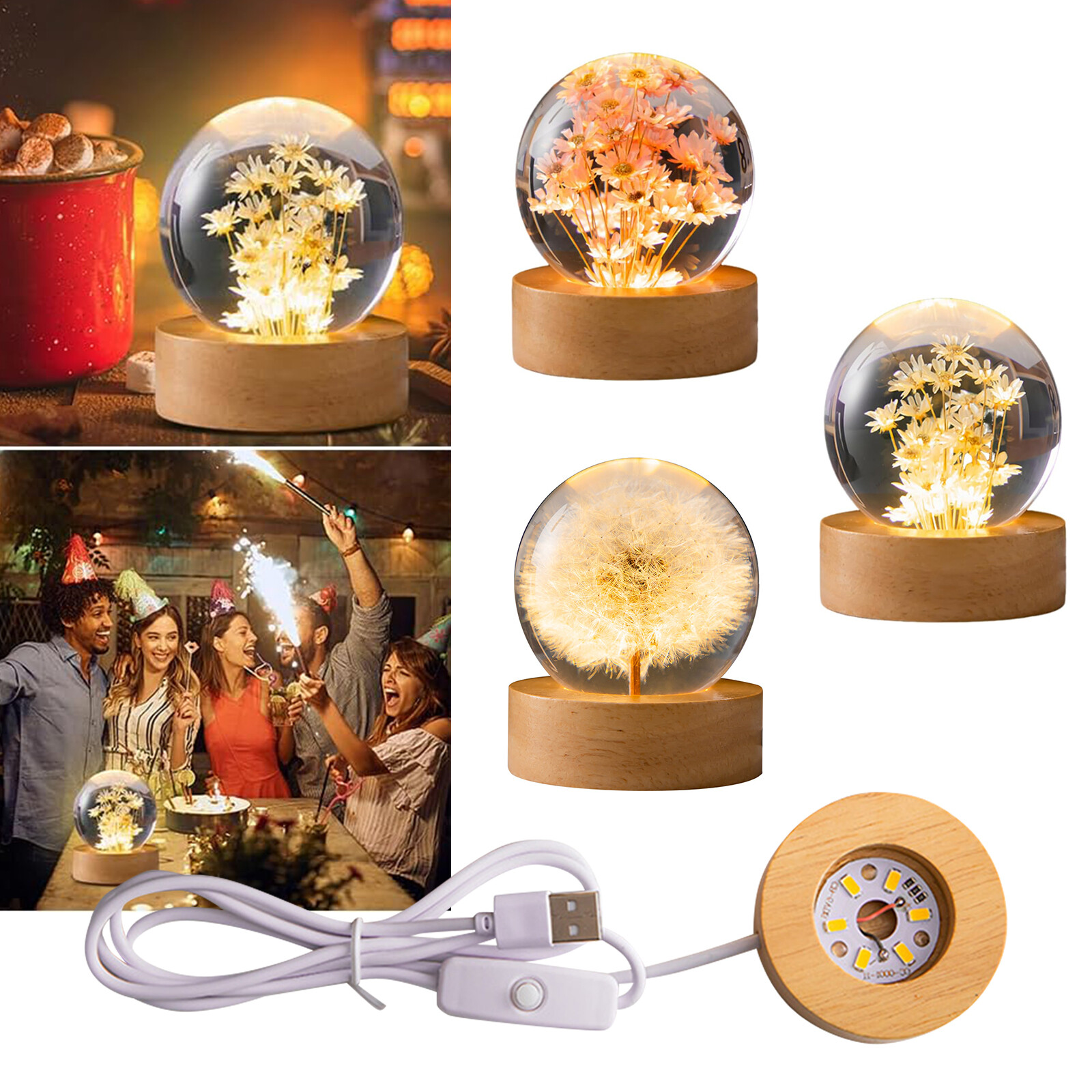 3D LED Crystal Ball Night Light-Dandelion Glass Ball Night Lamp with ...