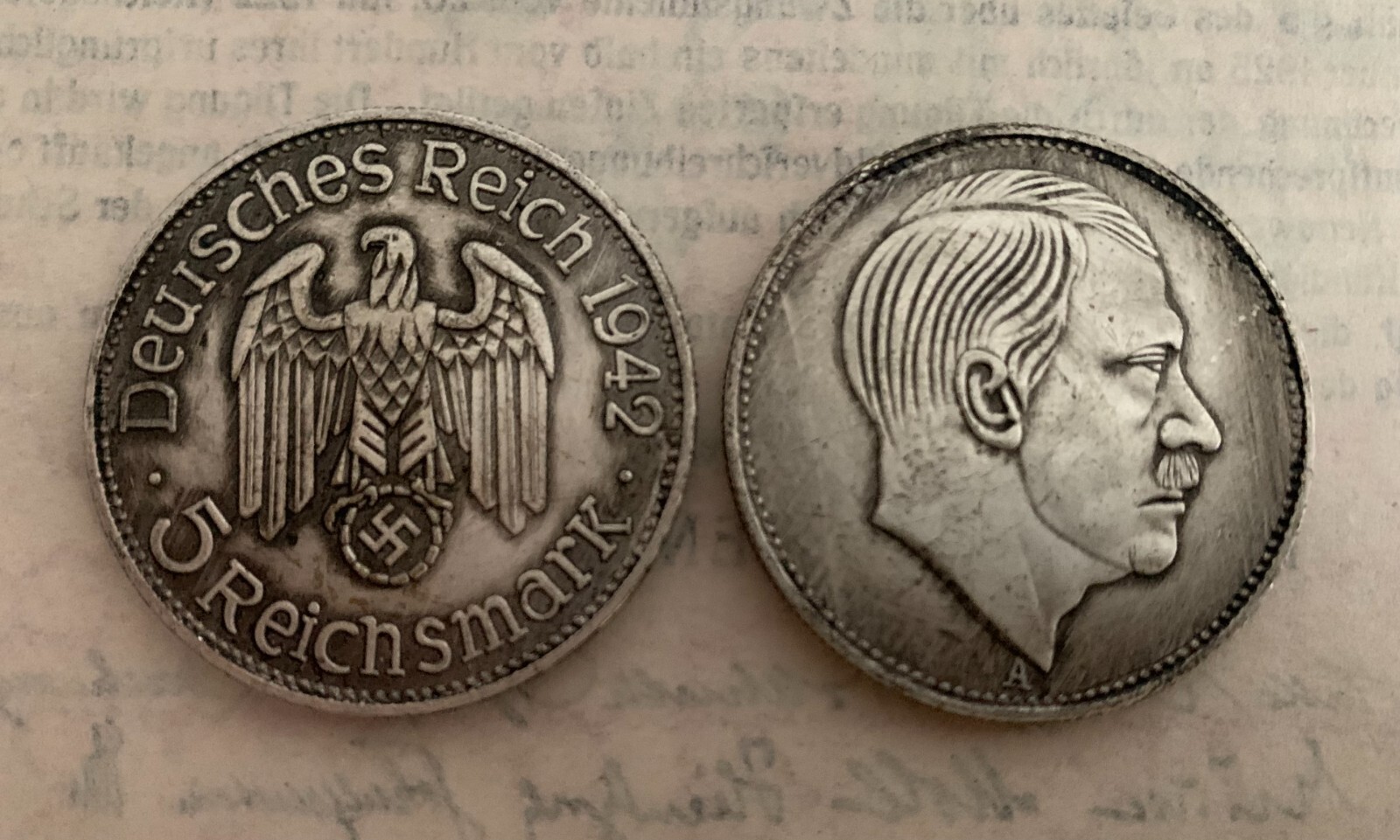 5 MARK GERMAN COIN HITLER DEUTSCHES REICH SWASTIKA NAZI FUHRER WW2 ...