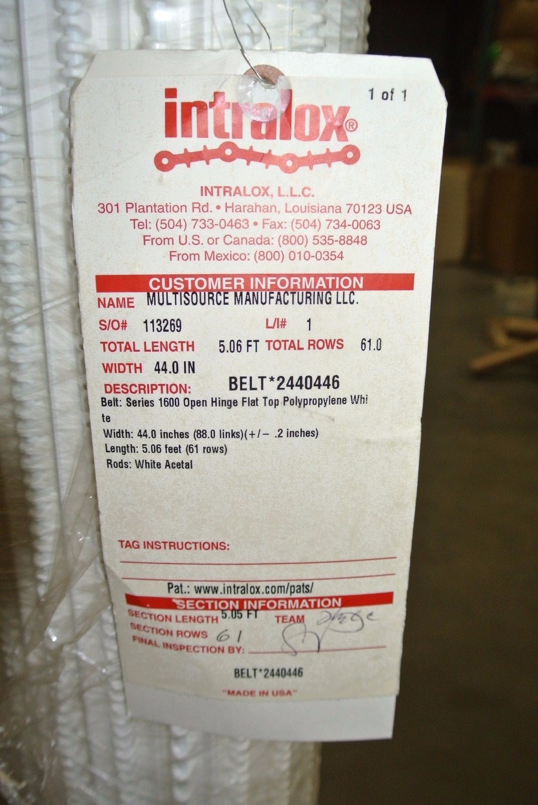 INTRALOX SERIES 1600 OPEN HINGE FLAT TOP BELT 5 Ft x 44" [WHSE2.23A2 ...