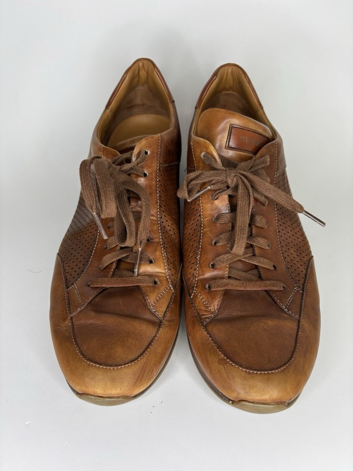 Magnanni Lace Up Casual Sneakers Brown Perforated Leather Low Top Mens ...