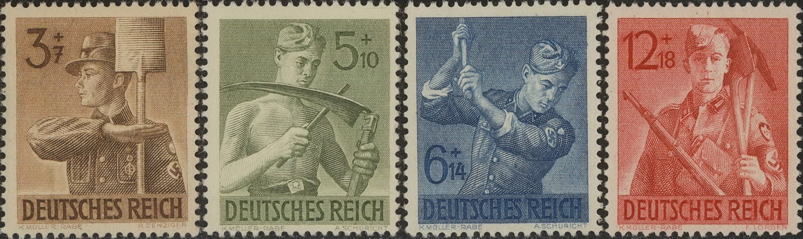 Stamp Germany Mi 850-3 Sc B237-40 1943 WW2 Fascism Labor Workers ...